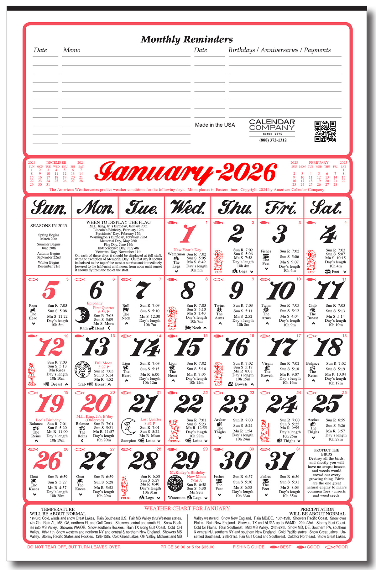 Original Almanac Calendar for Farmers - Gardening & Fishing Tips